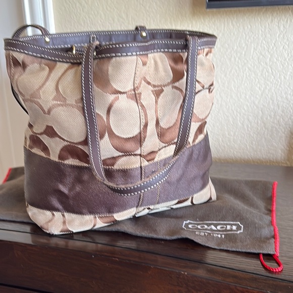 Coach | Bags | Coach Signature Stripe Tote Bag Brown Canvas Leather ...